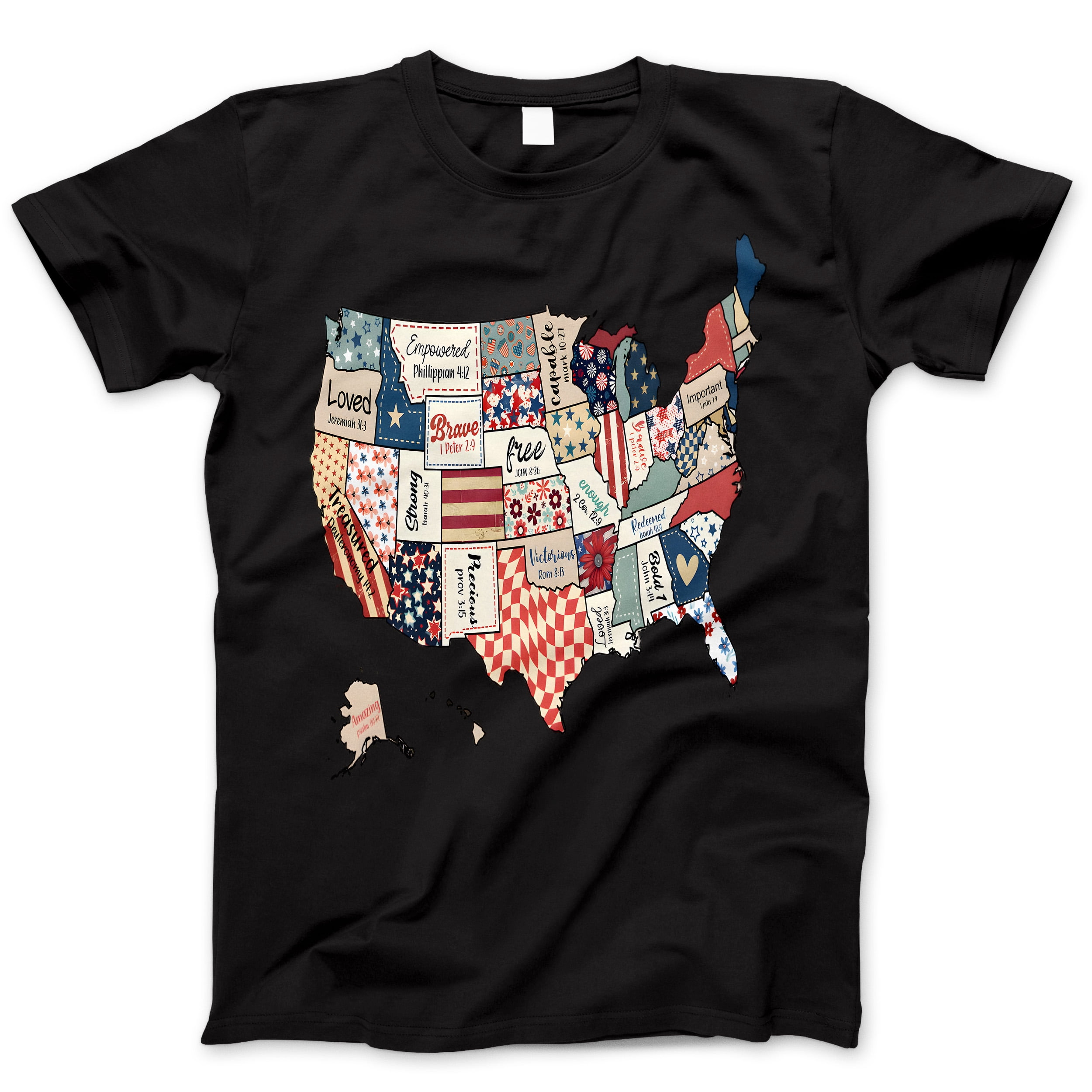 USA Map Christian Patchwork T-Shirt – Bible Verse States Tee with ...