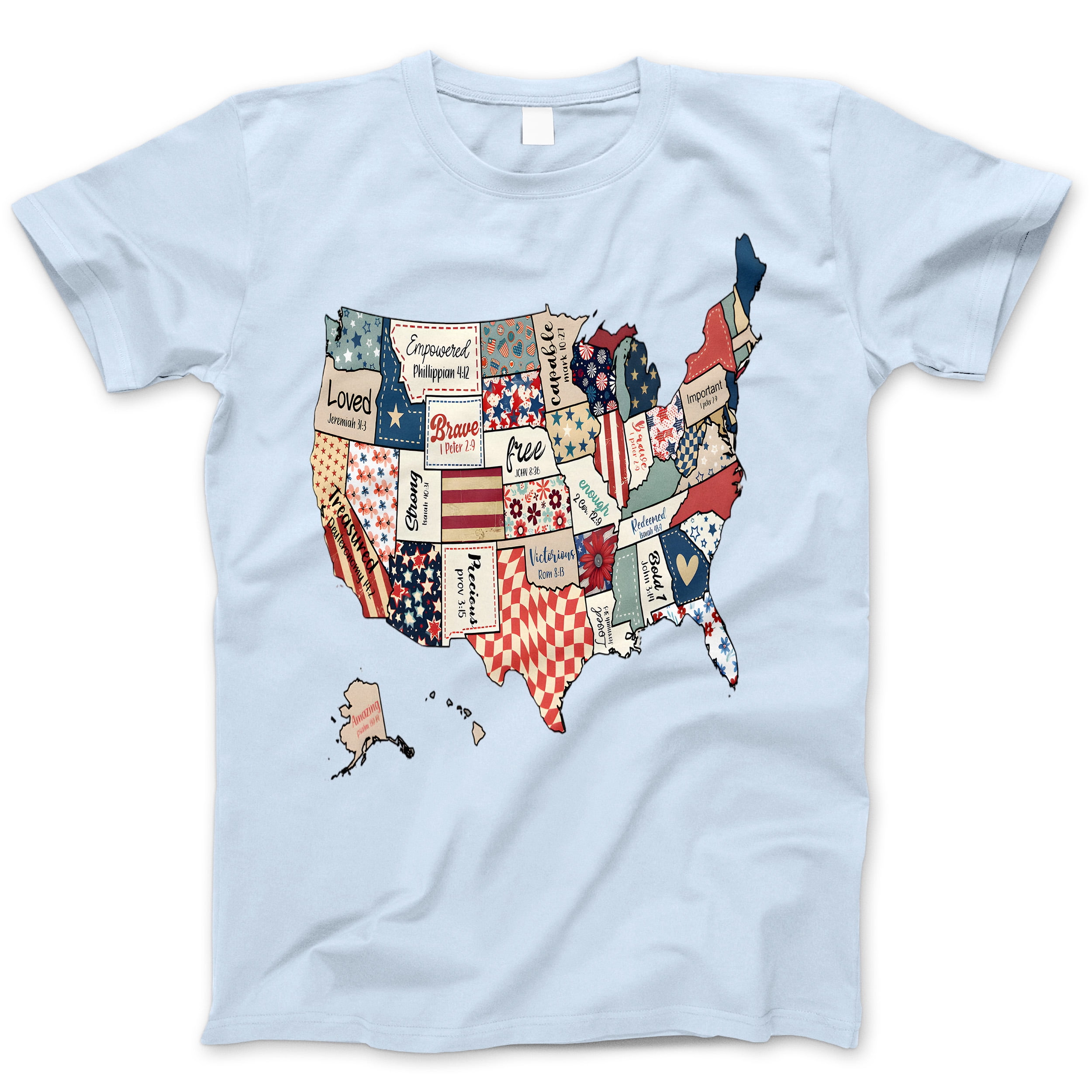 USA Map Christian Patchwork T-Shirt – Bible Verse States Tee with ...