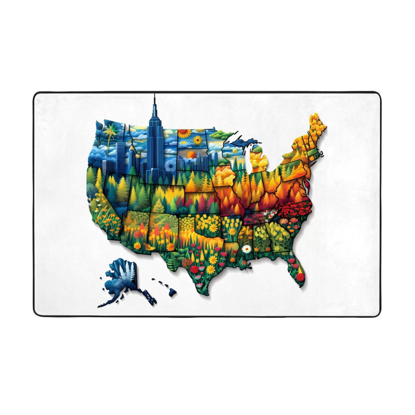 USA Map Floral States Soft Indoor Outdoor Rug, Washable Rugs for Living ...