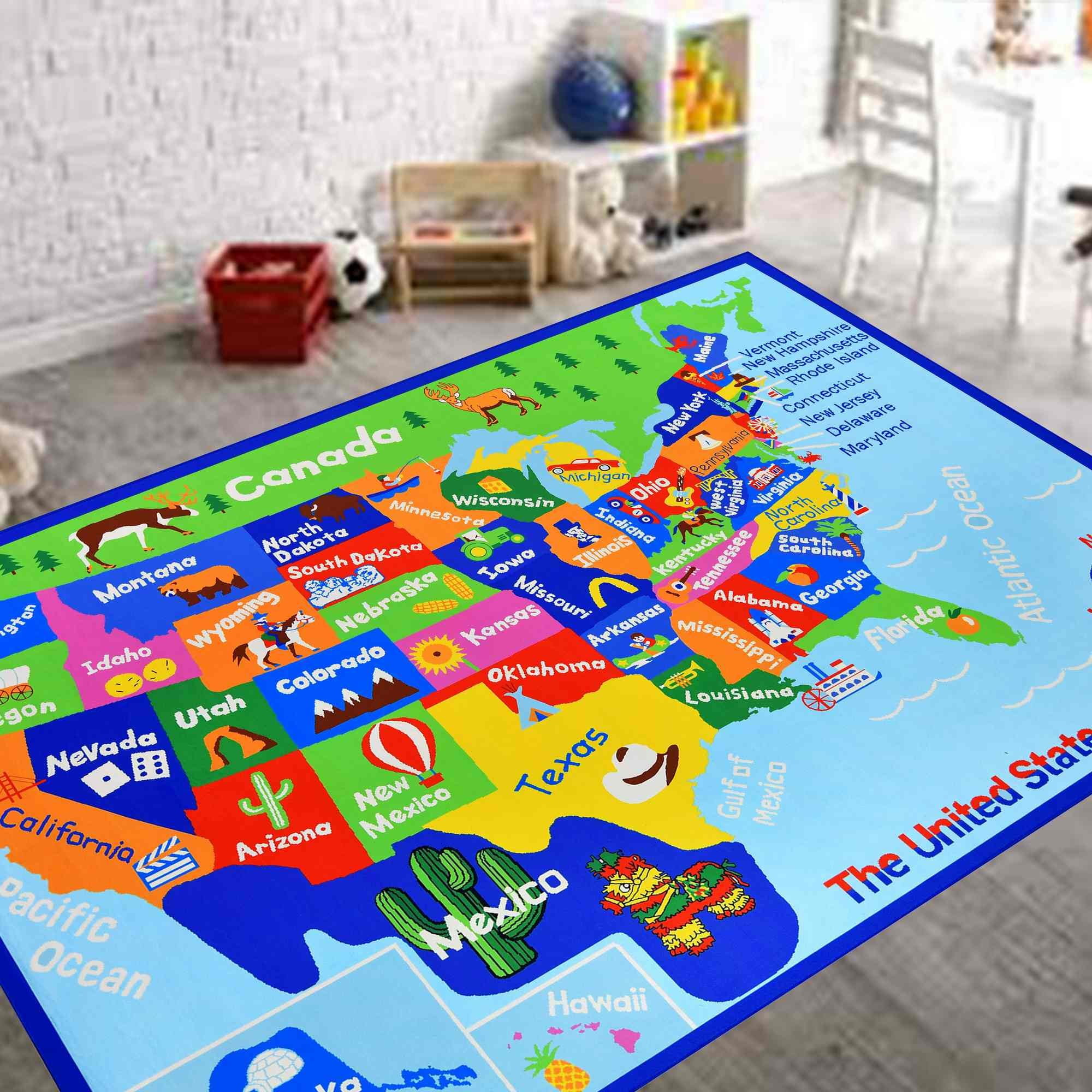 USA Map Educational Playmat - Non-Slip Carpet for Kids Room, School ...
