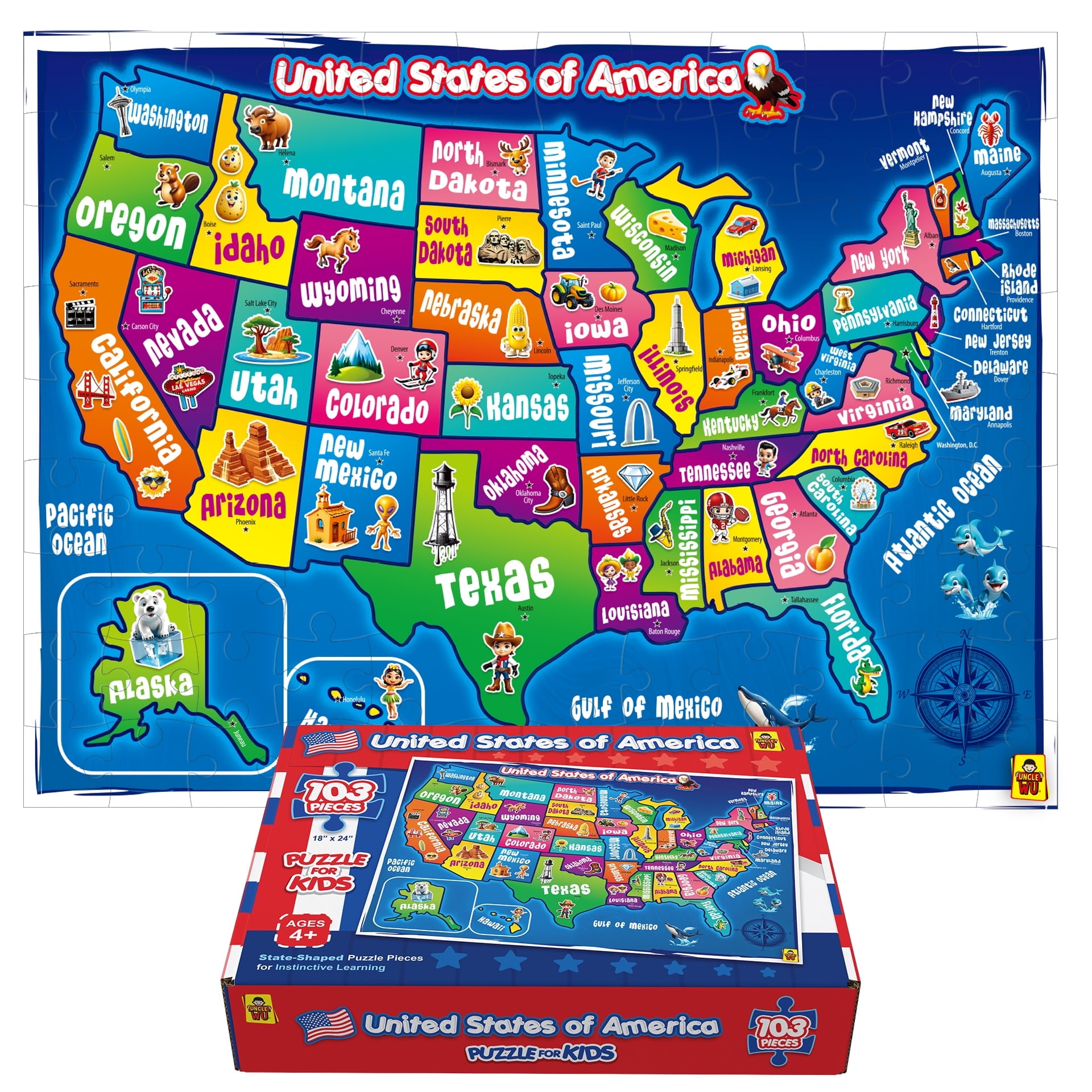 USA Map Puzzle for Kids Ages 4-8 - 103 Piece United States Geography ...