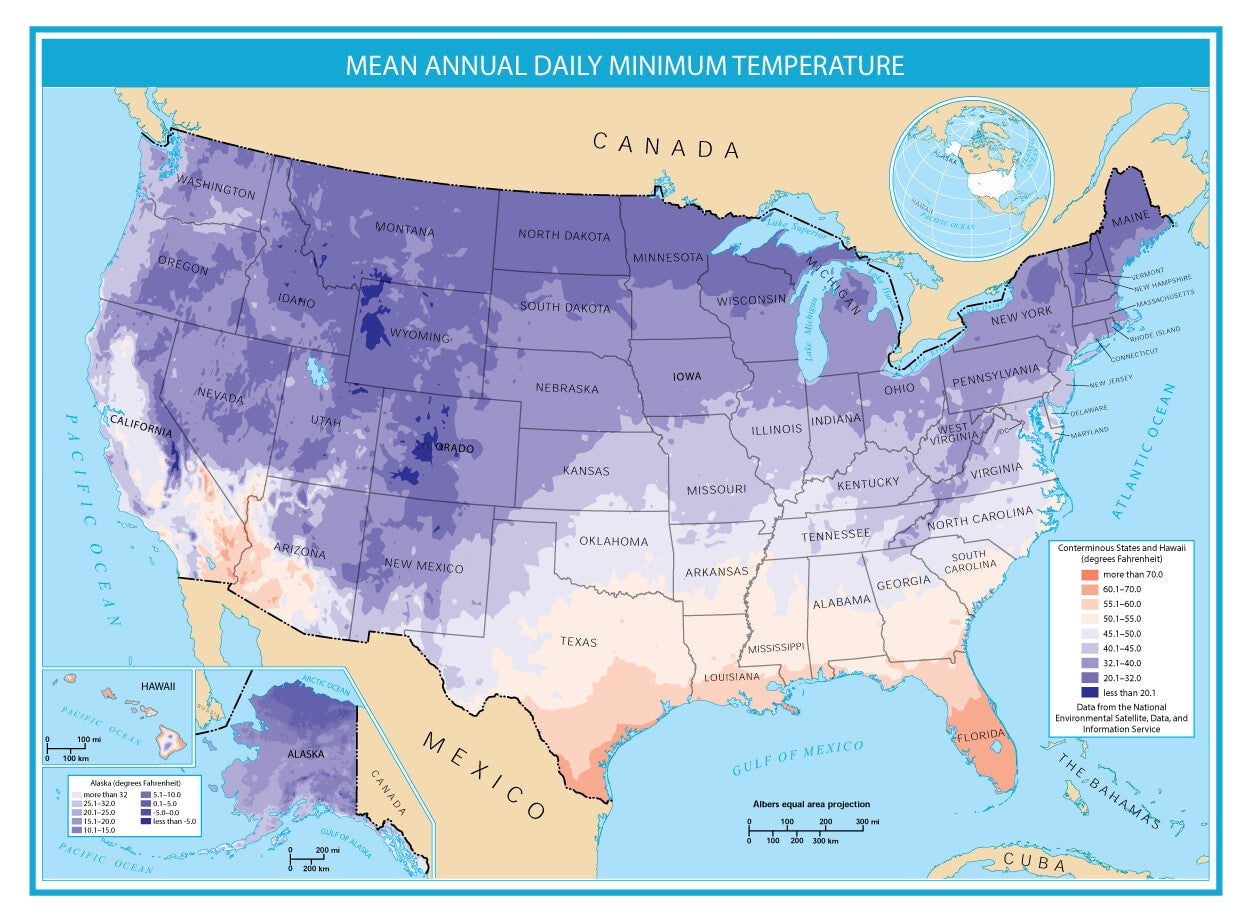 USA Minimum Temperature Map GLOSSY POSTER PICTURE PHOTO PRINT BANNER ...