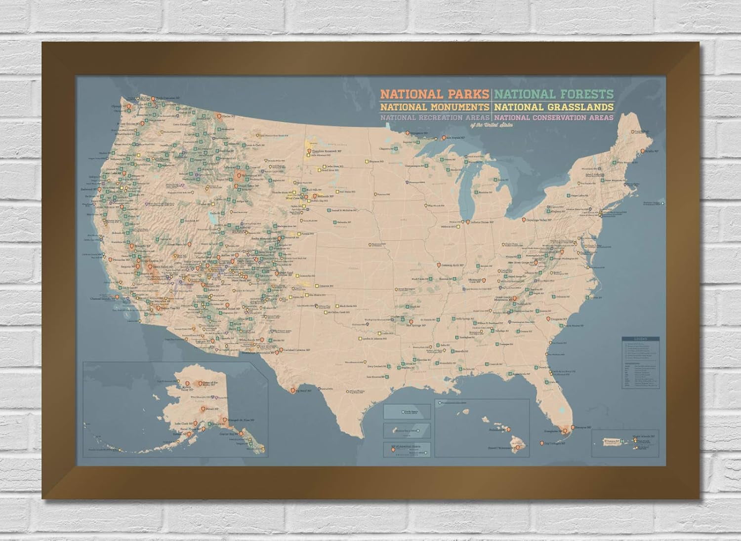 USA National Parks, Monuments & Forests Map 24x36 Poster (Tan & Slate ...