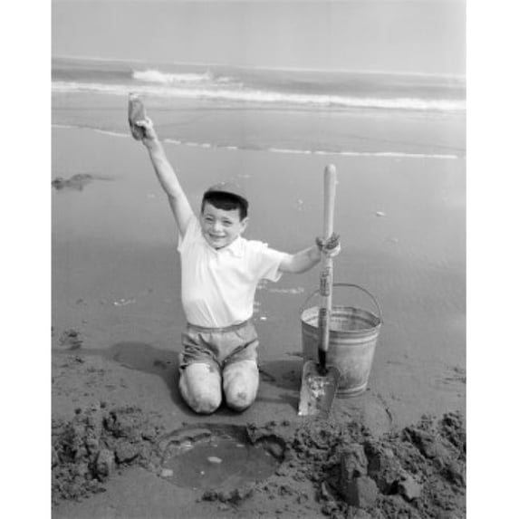USA Oregon Boy Digging in Sand on Beach Poster Print - 18 x 24 in ...