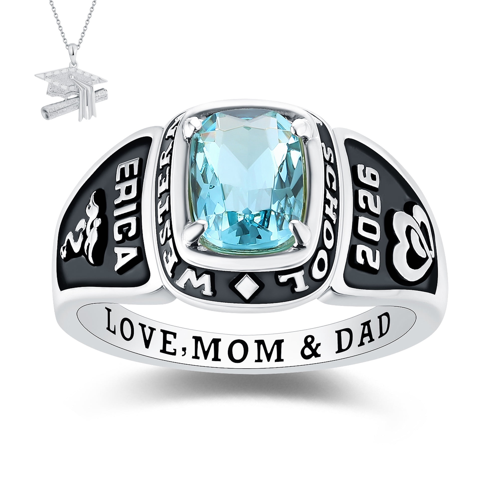 USA Mementos Custom Women's Class Ring Sterling Silver for High School ...