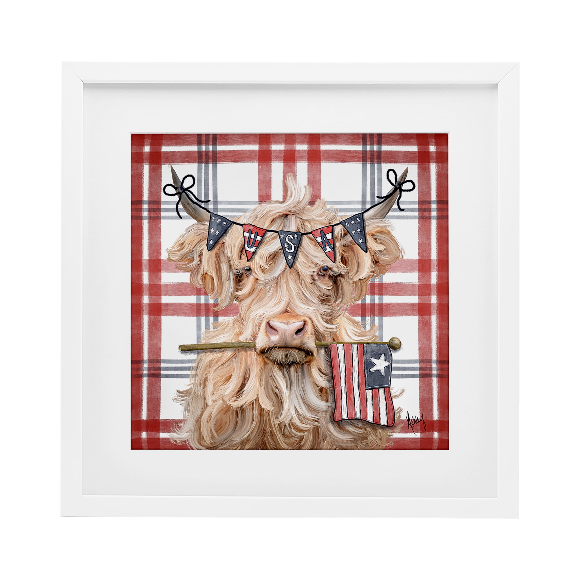 USA Plaid Highland Cattle White Framed Print Under Glass, design by ...