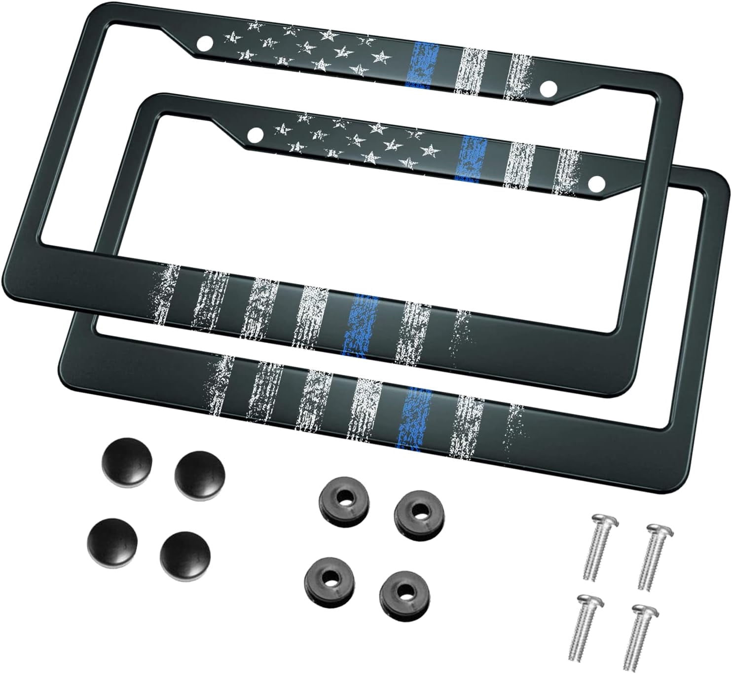 USA Police Flag License Plate Frame Blue Line Grunge Design Metal 2 Pcs ...