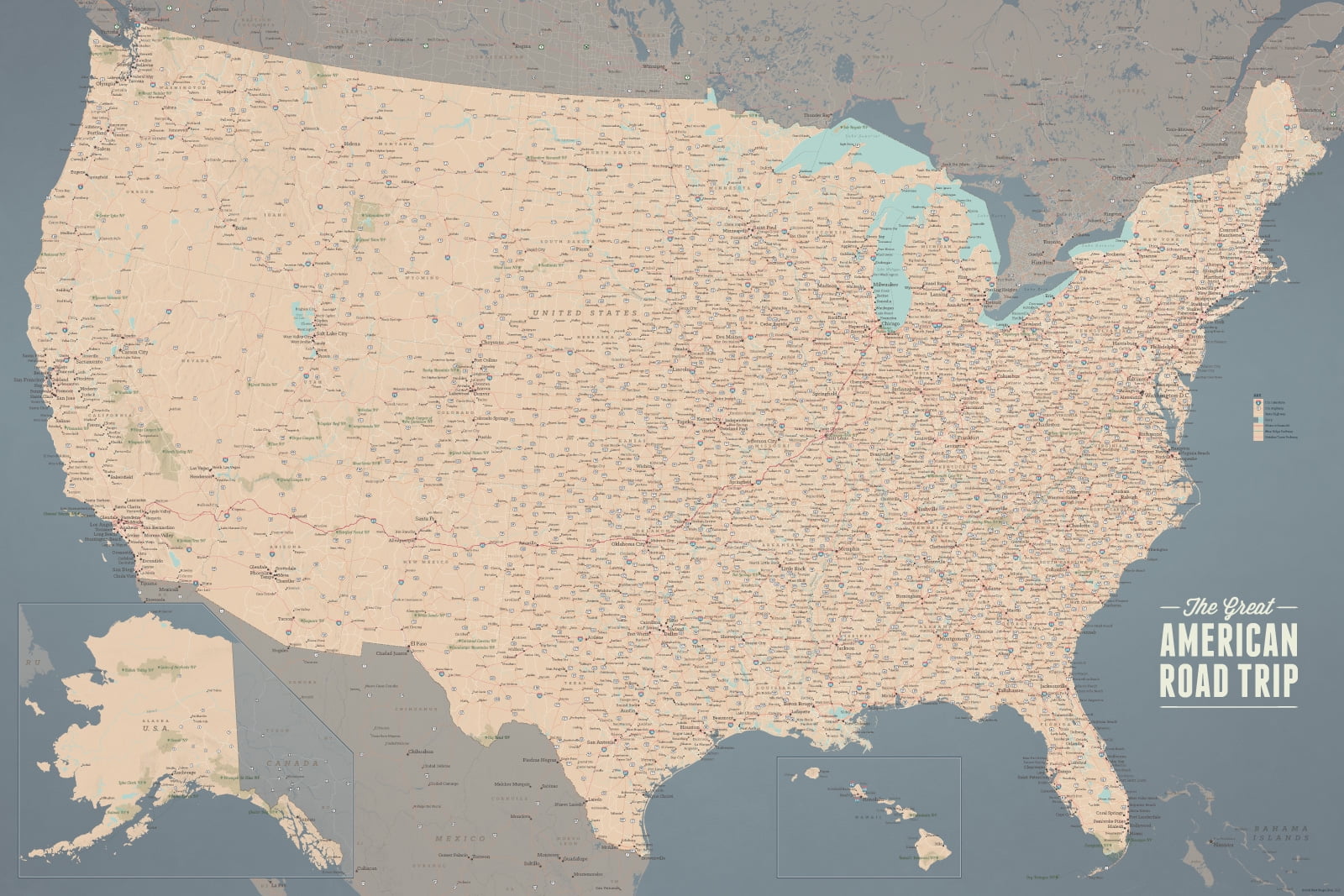 USA Road Trip Highway Tracing Map 24 x 36 Poster - Walmart.com