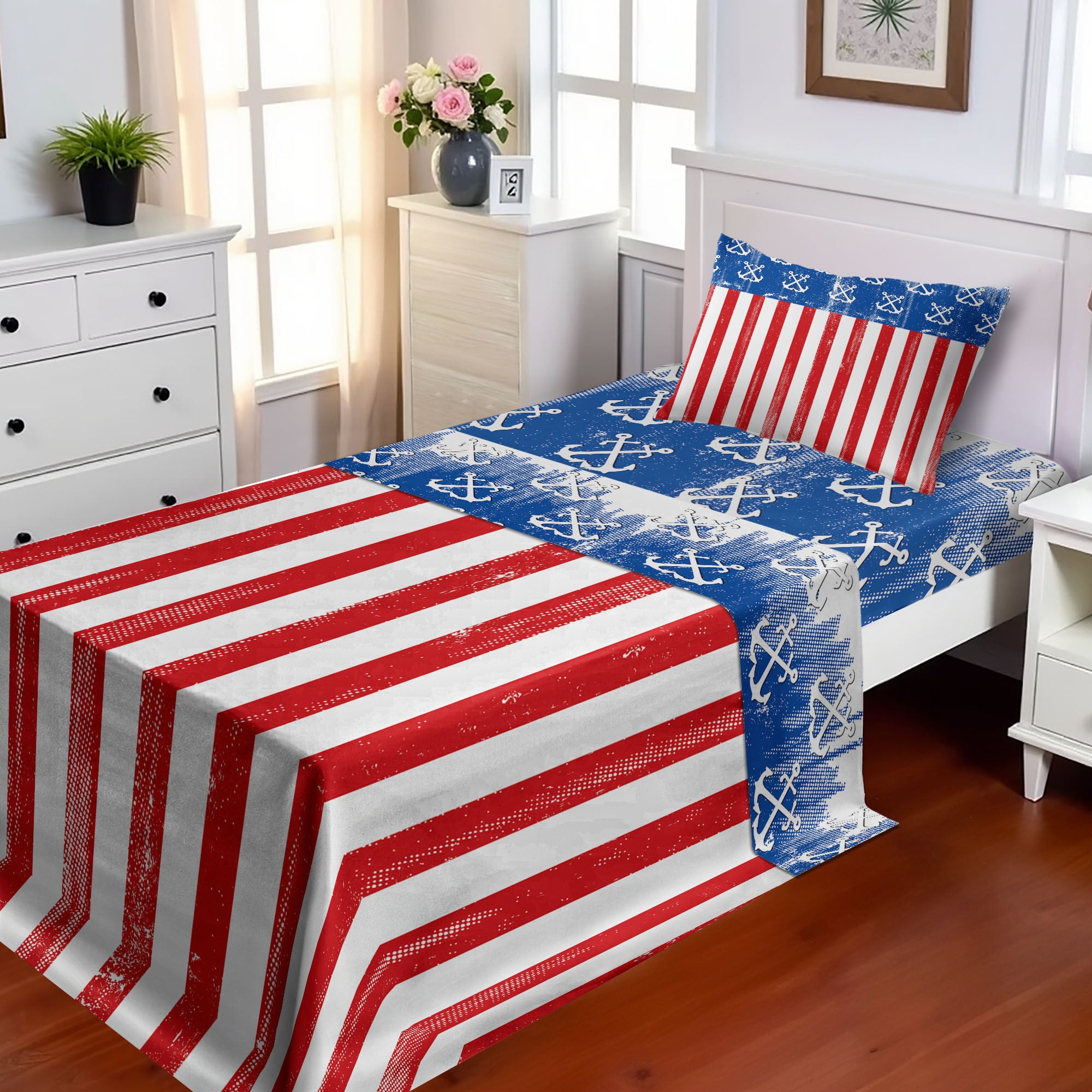 USA Sheet Set, Patriotic Grunge Flag Design with Stripes and Marine ...