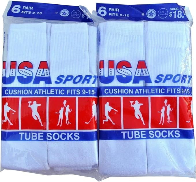 USA Sport Men's White Cotton Athletic Tube Socks Size 9-15 (White, 12 ...