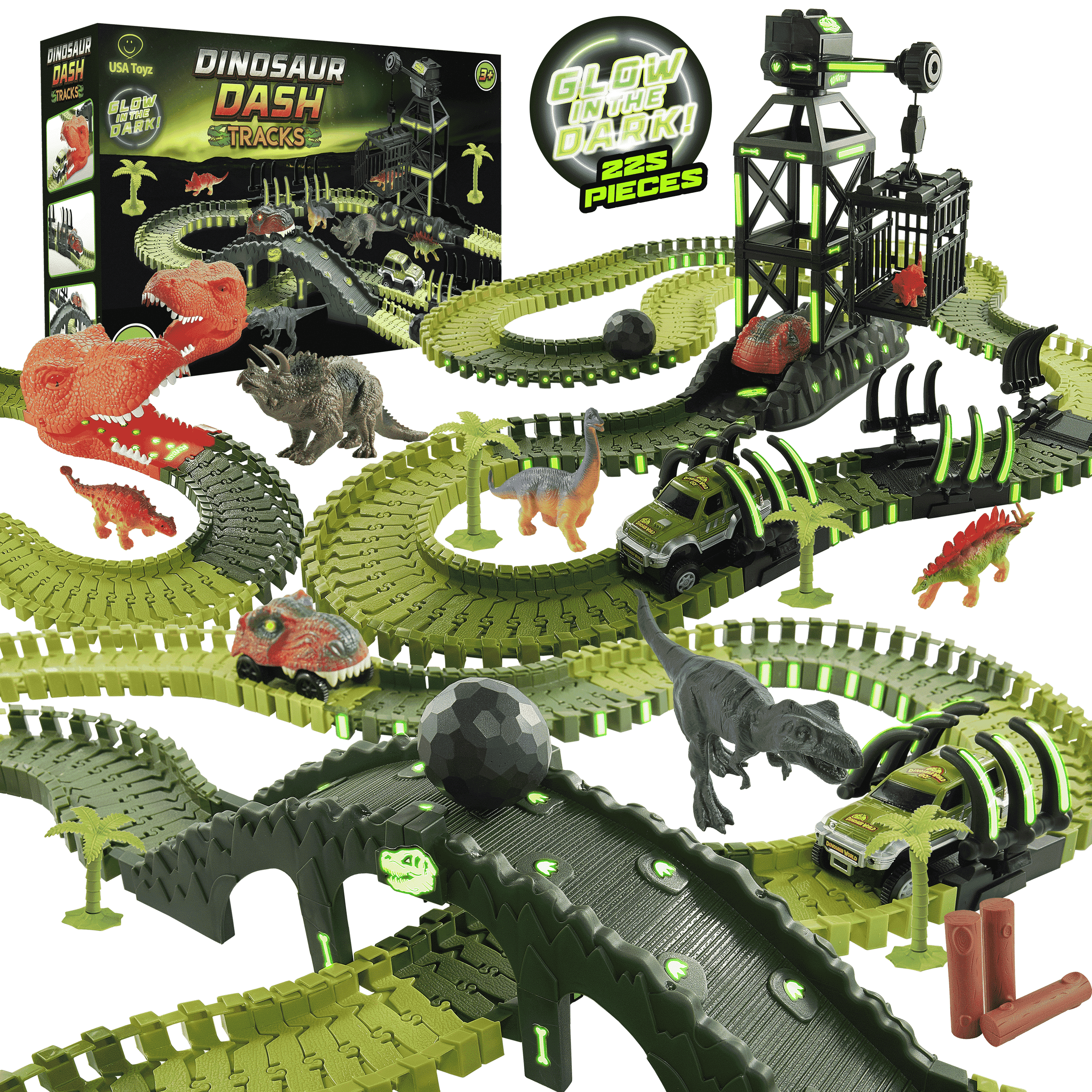 USA Toyz Dinosaur Track Set, 225-Piece Dino Track with 6 Dinosaurs, LED ...