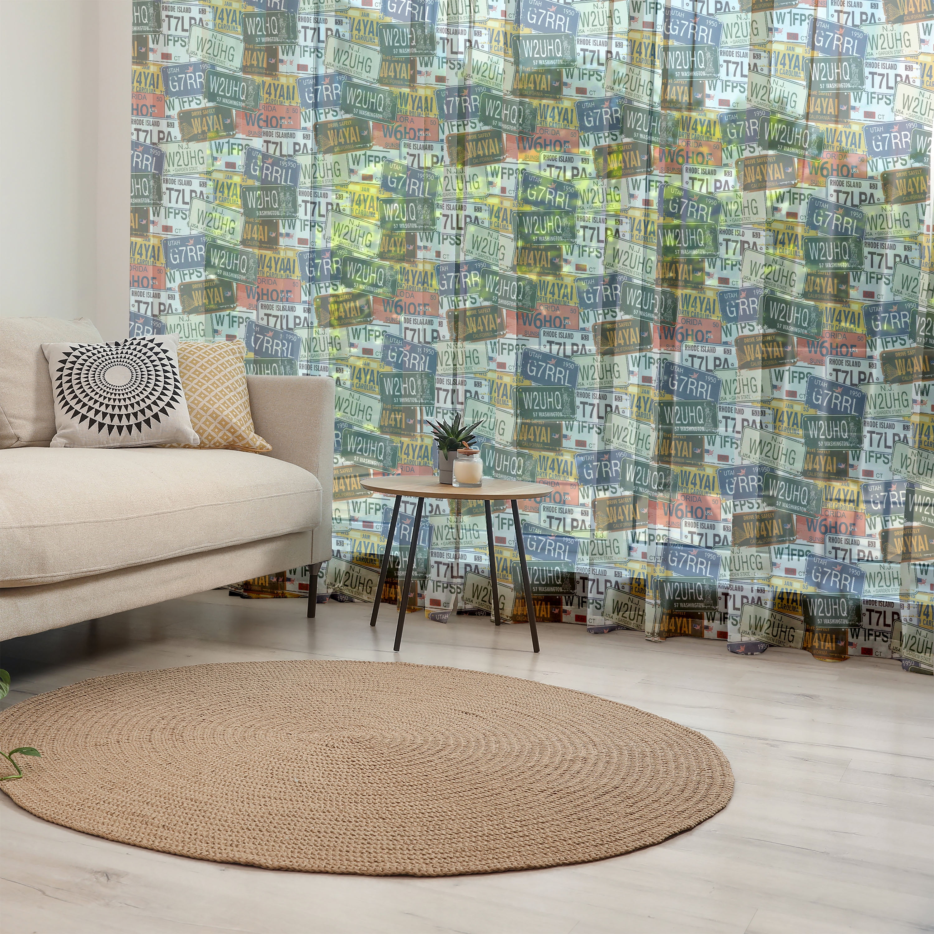 USA Tulle Curtains with Rod Pocket, Retro American Auto License Plates ...