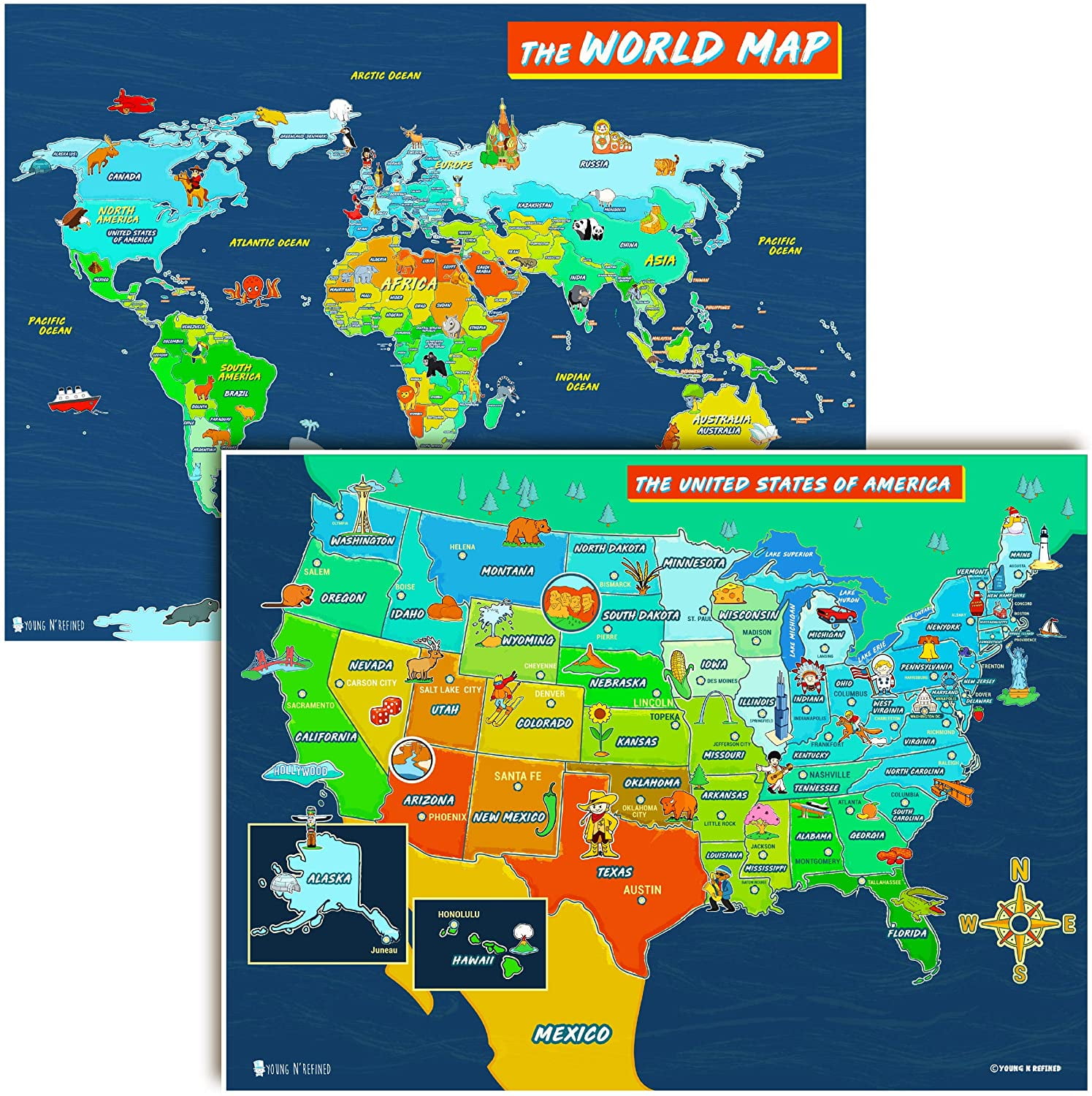 USA and World map poster 2 pack for kids Laminated large illustrated ...