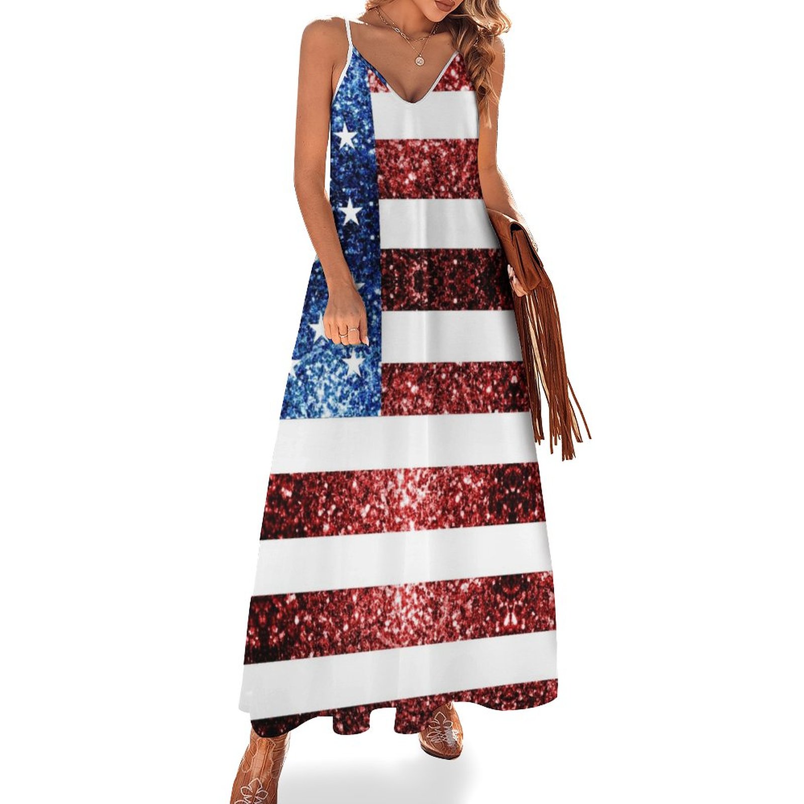 USA flag red blue faux sparkles glitters Sleeveless Dress sensual dress ...