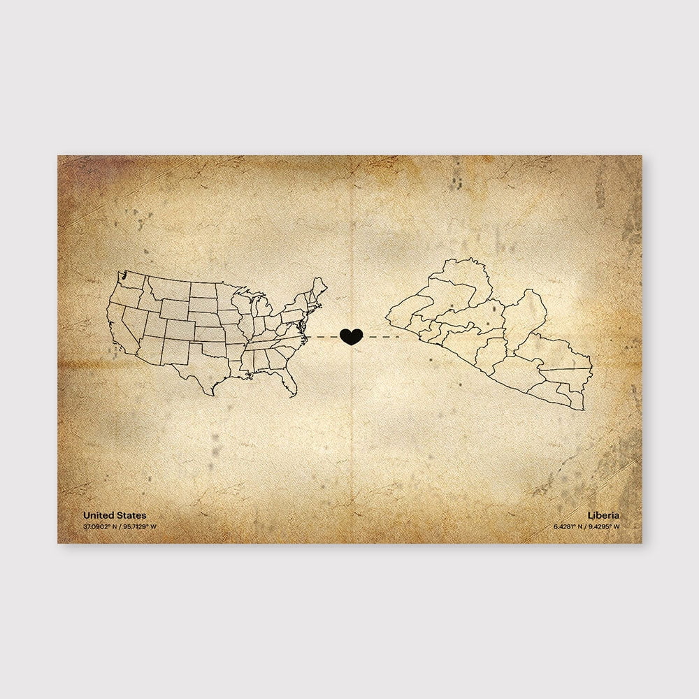 USA to Liberia Map Canvas Wall Art 8x12 inch -USA to Liberia Map ...