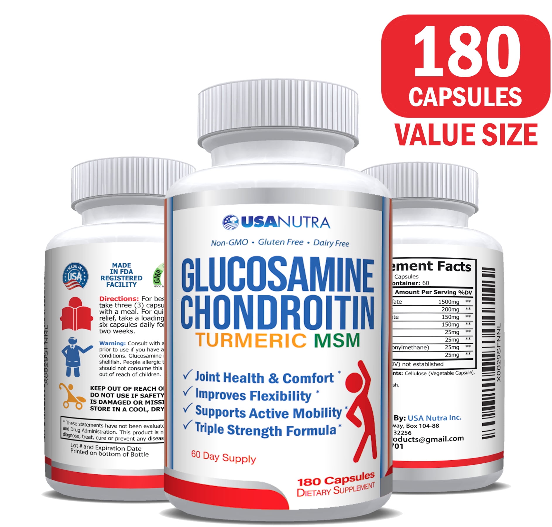 USANUTRA Glucosamine Chondroitin MSM Turmeric Boswellia Joint Health Support Supplement, 2100mg ...