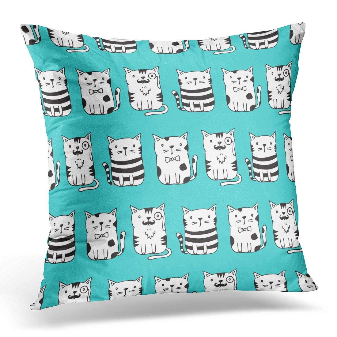 USART Black Drawn Cute Cats Pattern with Light Blue Funny Doodle White ...