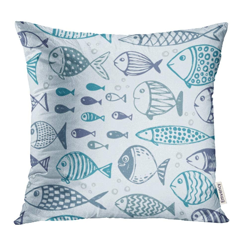 USART Blue Fish with Funny Fishes in Sketch Style Endless Marine Design ...