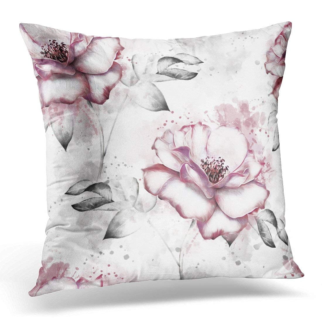 USART Pink Flowers and Leaves on White Watercolor Floral Pattern Rose ...