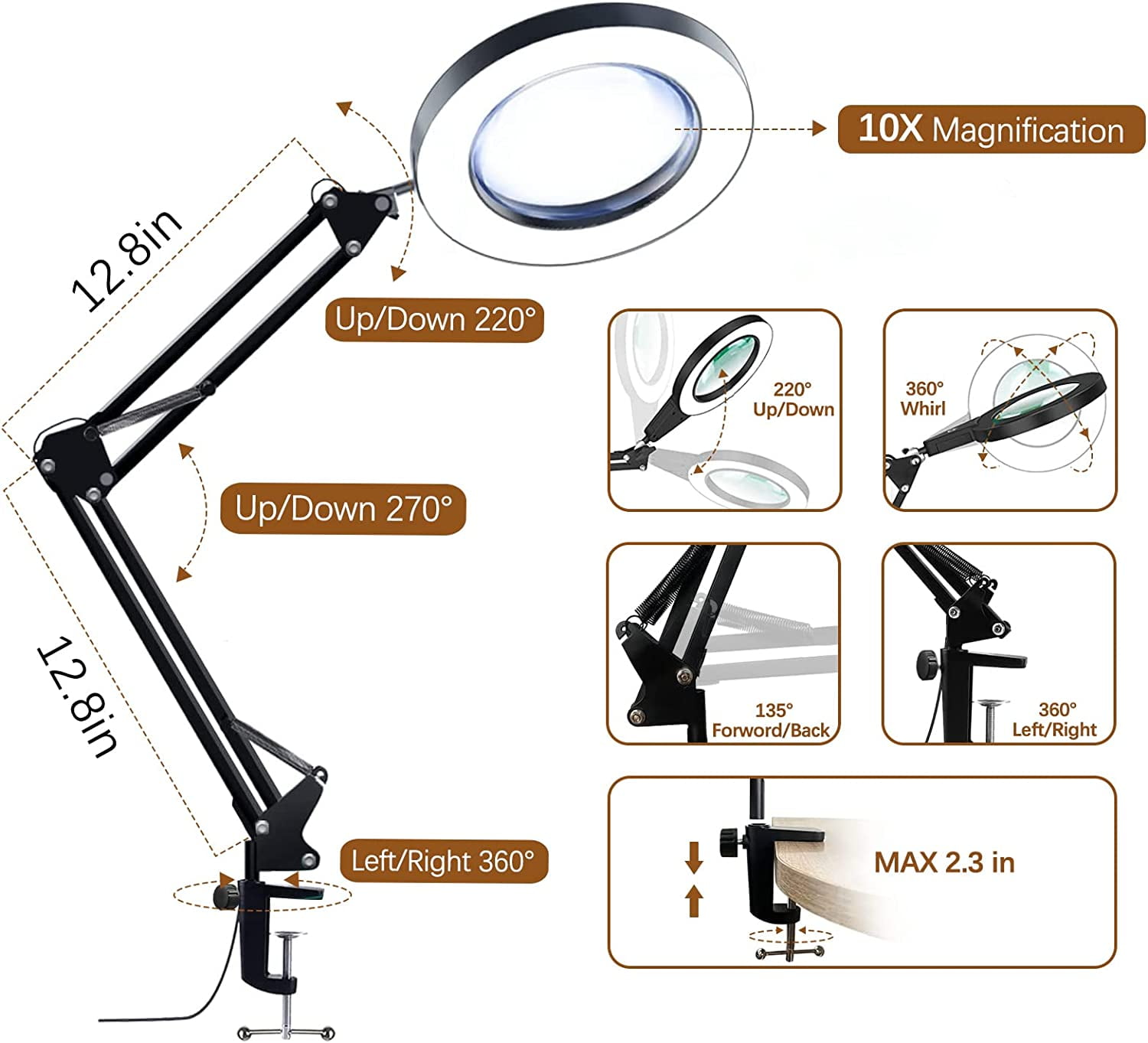 USB 10X Magnifier with LED Lamp Magnifying Glass 64 LED Table Lamp with ...