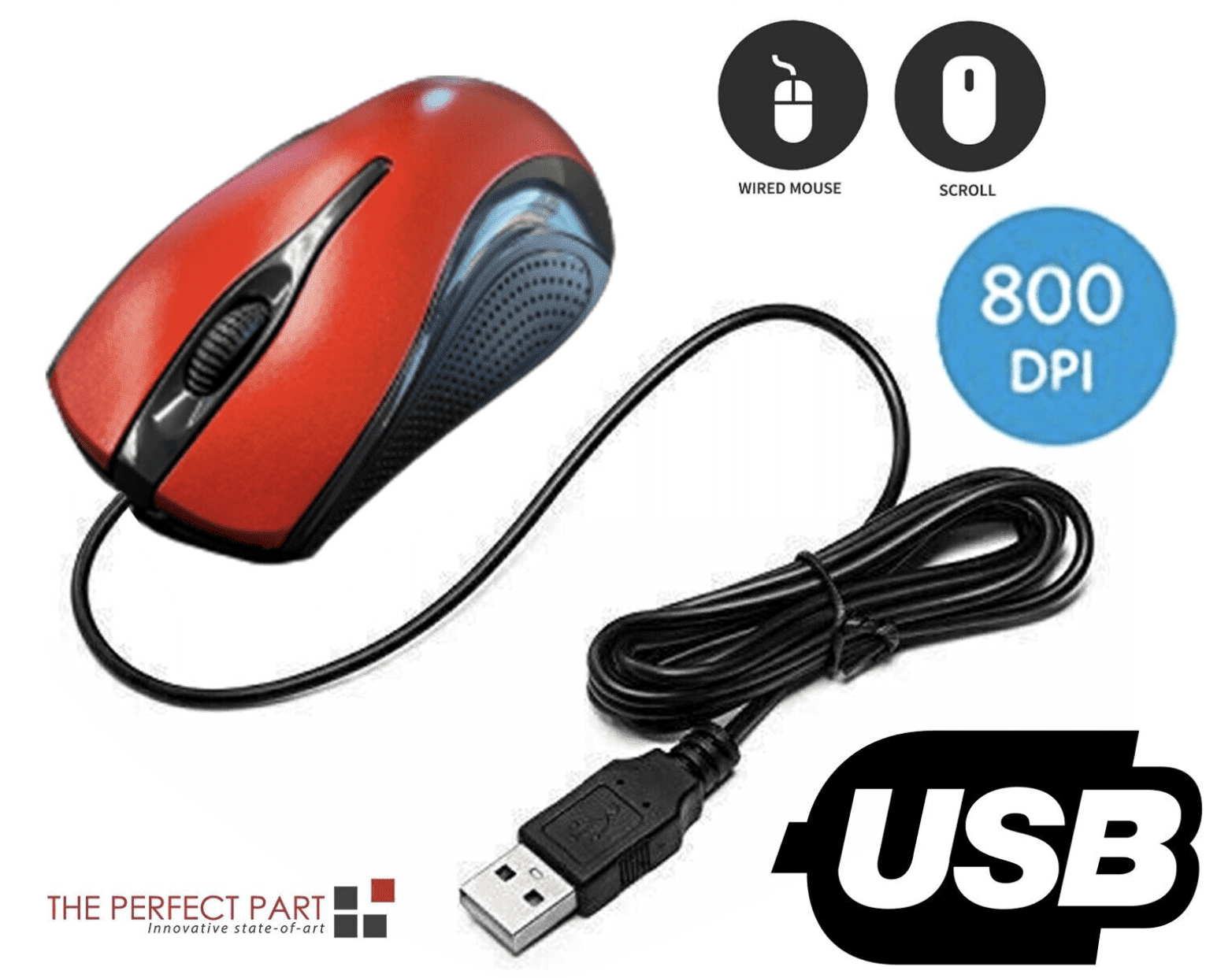 "The Perfect Part USB 2.0 Optical Wired Mouse, Silent Click, Red, 800 ...