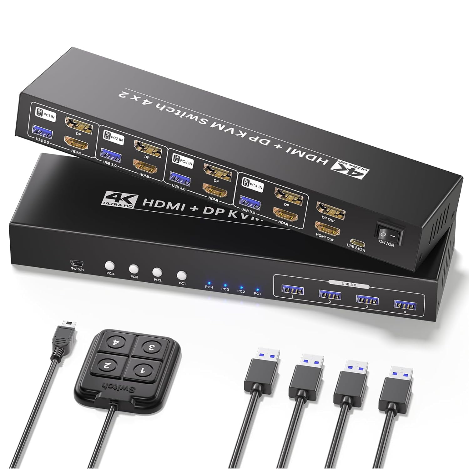 USB 3.0 4 Port HDMI + Displayport KVM Switch 2 Monitors 4 Computers ...