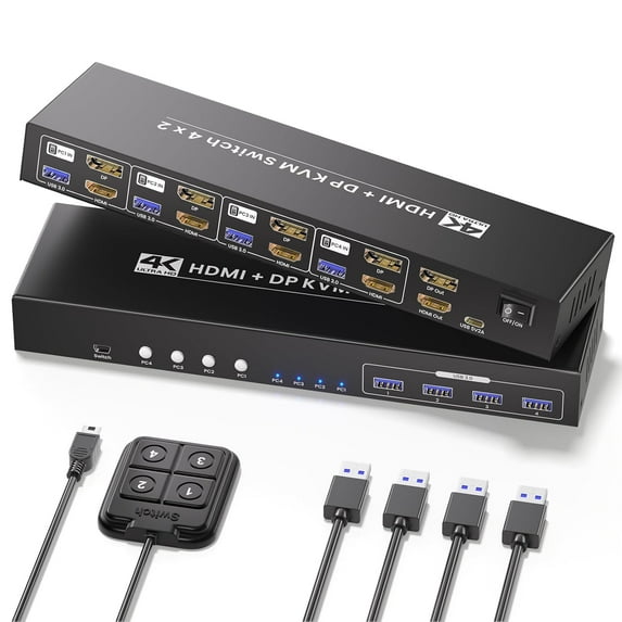 USB 3.0 4 Port HDMI + Displayport KVM Switch 2 Monitors 4 Computers ...