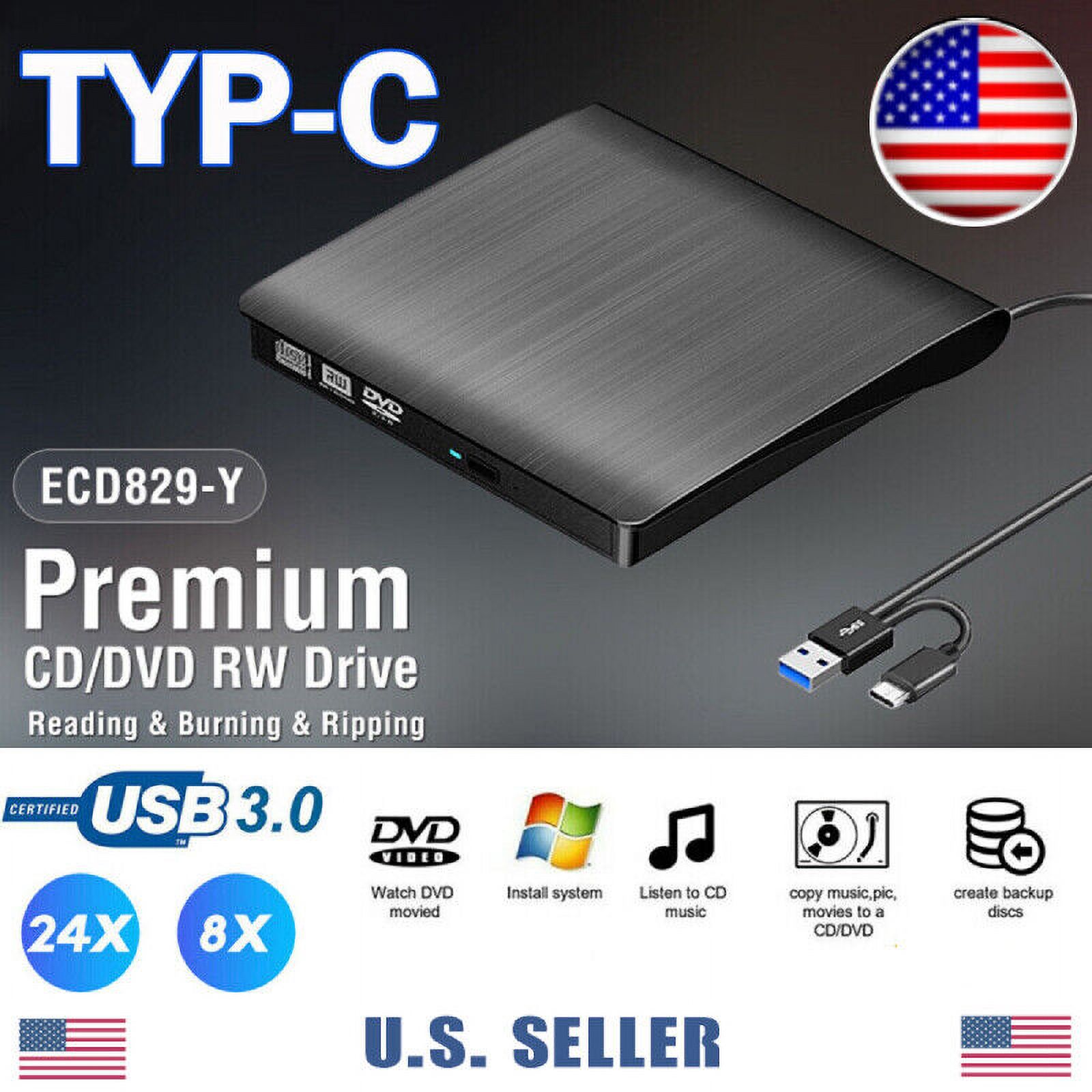 USB 3.0 CD/DVD Drive RW Type C Burner Player For PC Windows 11 Laptop ...