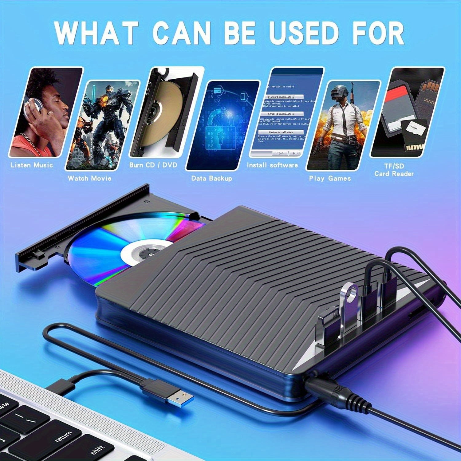 USB 3.0 External DVD/CD Drive Burner with 4-Port Hub & SD/TF Card ...