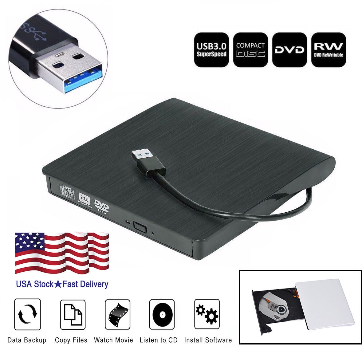 USB 3.0 External DVD Drive Slim Slot DVD VCD CD RW Drive Burner Reader ...