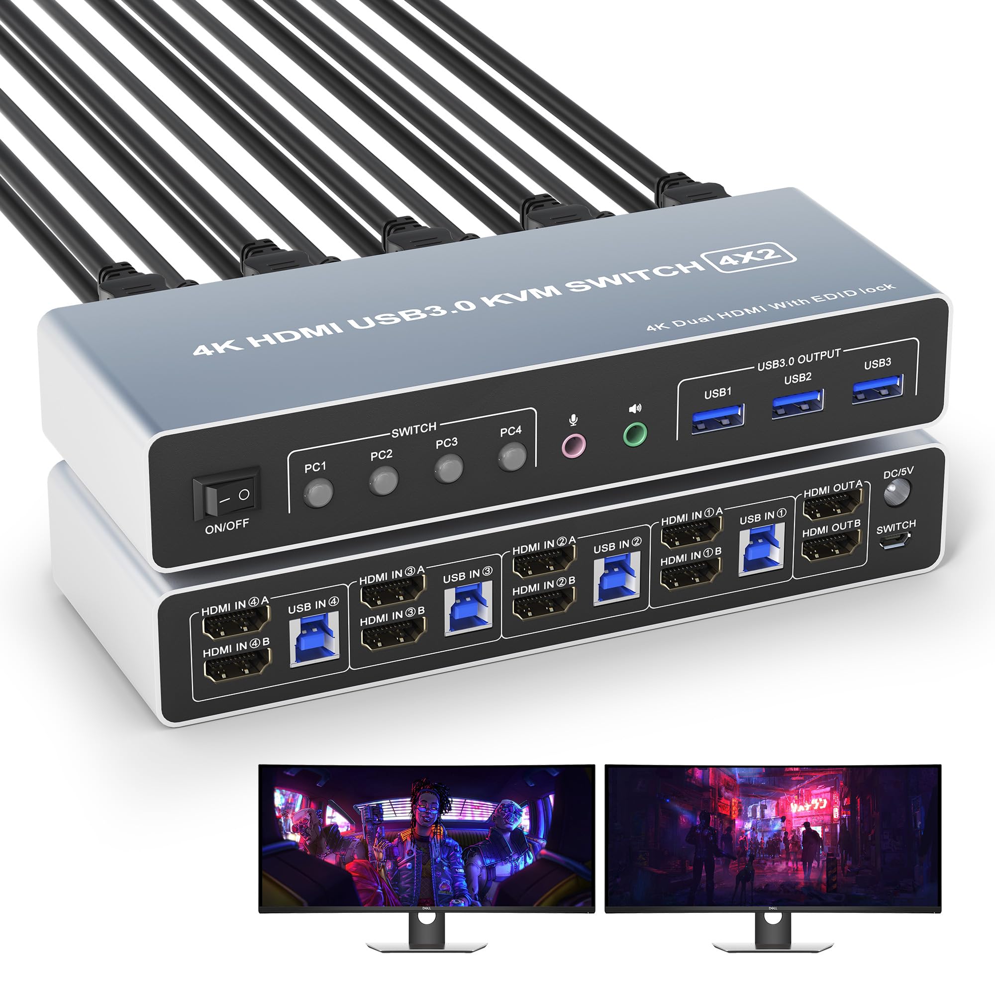 USB 3.0 HDMI KVM KEF16 Switch for 4 Computers and 2 Monitors - 4K@60Hz ...