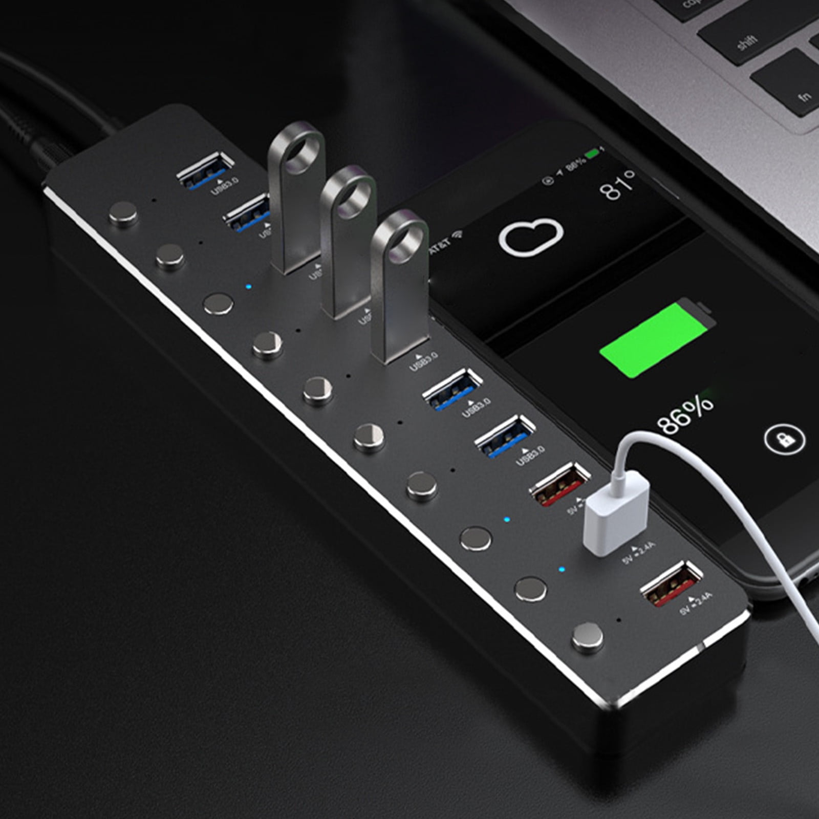 USB 3.0 Hub, 10 Port Independent Hub, High-Speed Splitter, Aluminum ...