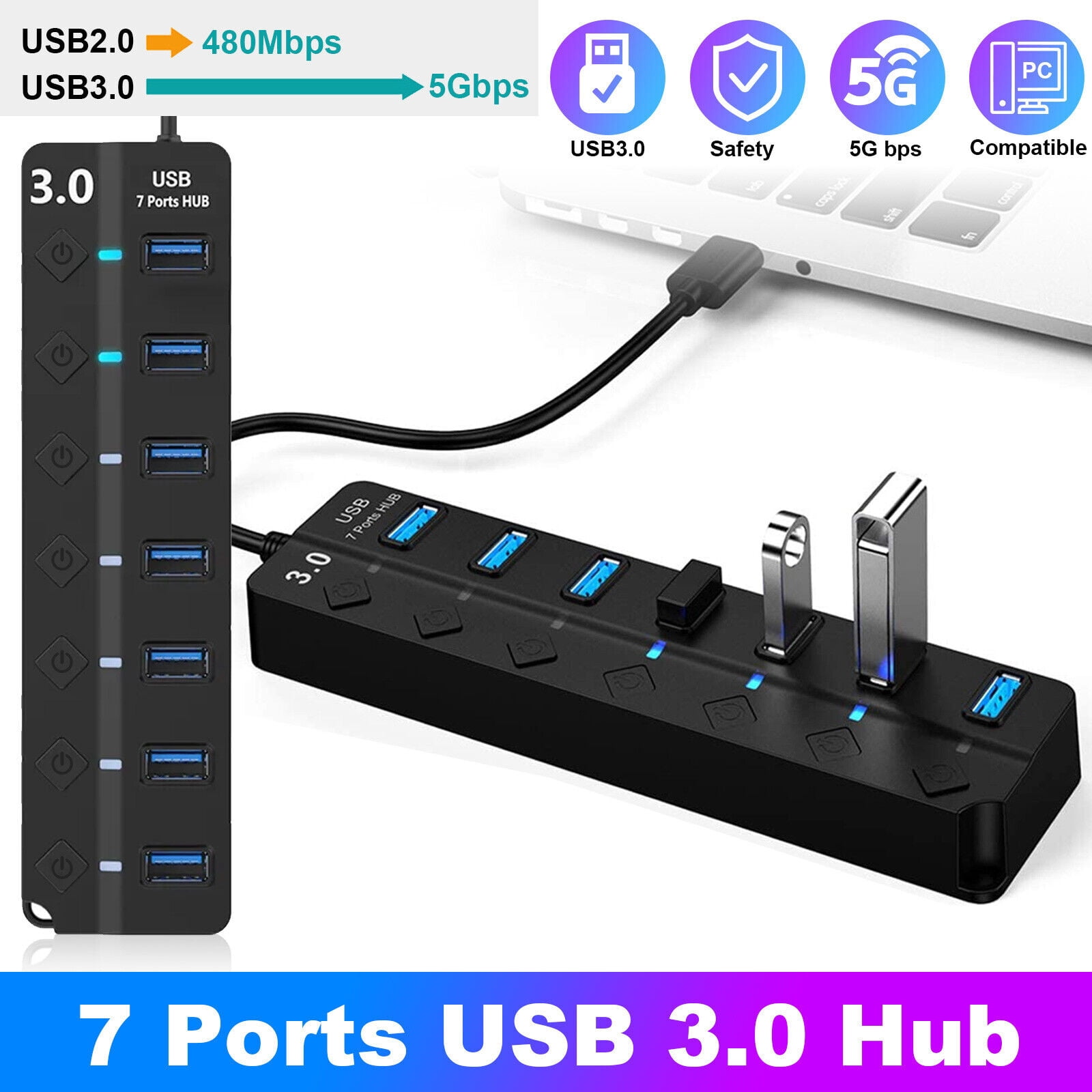 USB 3.0 Hub 7 Ports Splitter Adapter High Speed Card Reader for PC Mac ...