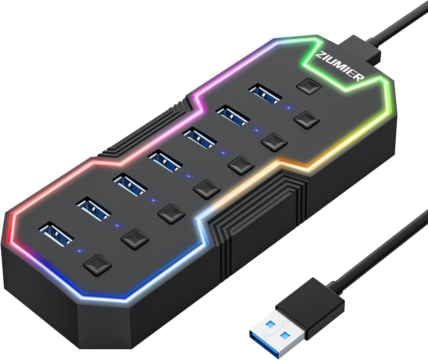 USB 3.0 Hub, 7 Ports USB Expander with RGB LED Strip, USB Hub for ...