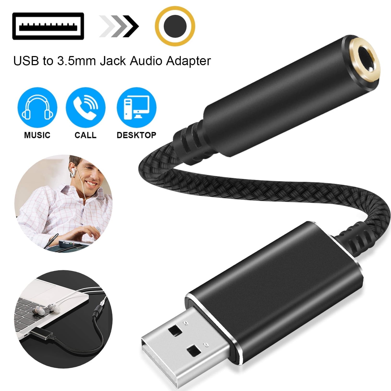 USB to 3.5mm Jack Audio Adapter, USB to AUX Cable with TRRS 4-Pole Mic ...