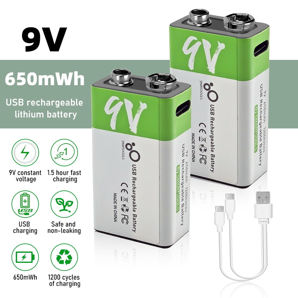 USB 9V Lithium-Ion Rechargeable Battery, 650mAh High Capacity, 1.5H ...