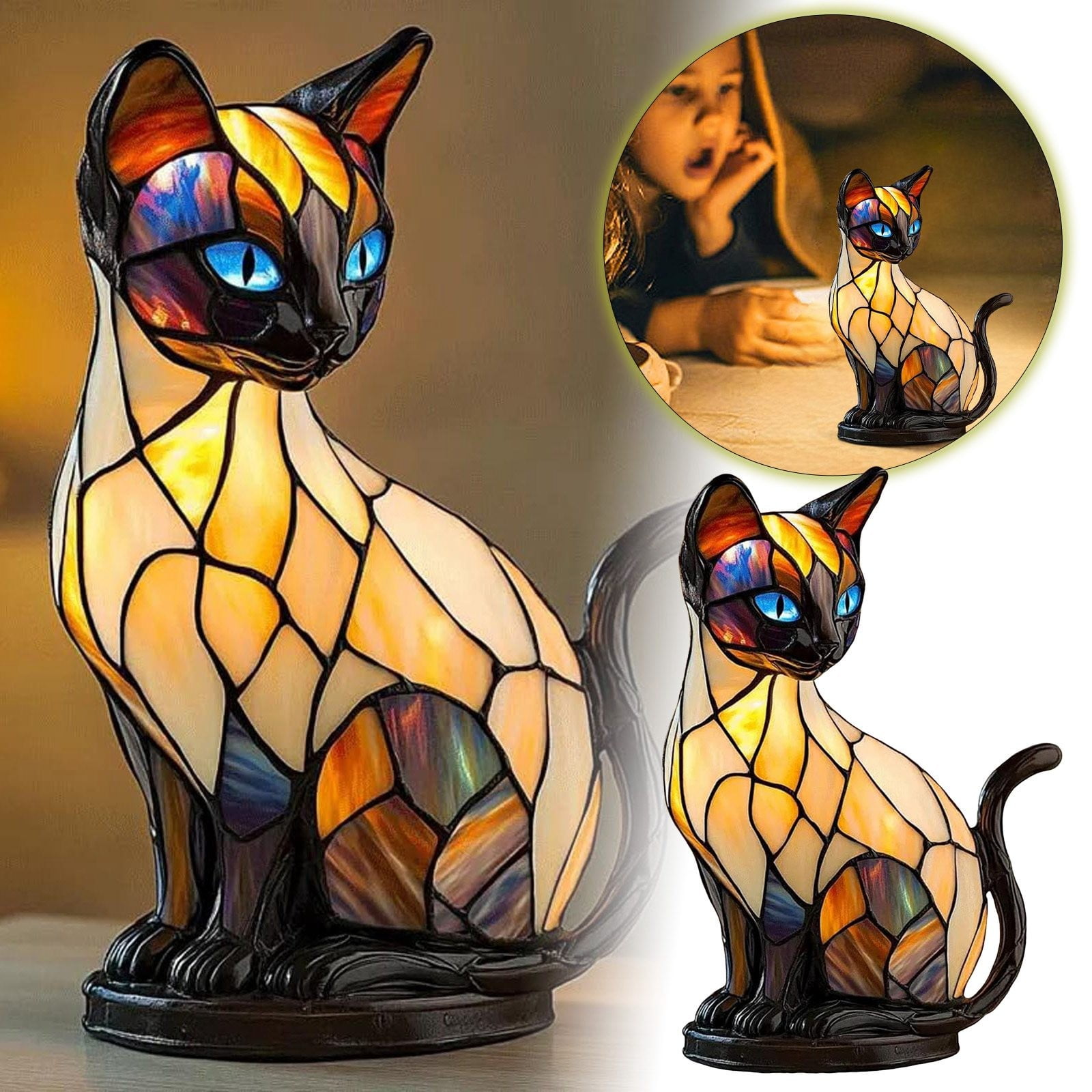 USB A+C Port Cat Lamp, 6 Inch Stained Glass Mosaic Cat Night Light ...