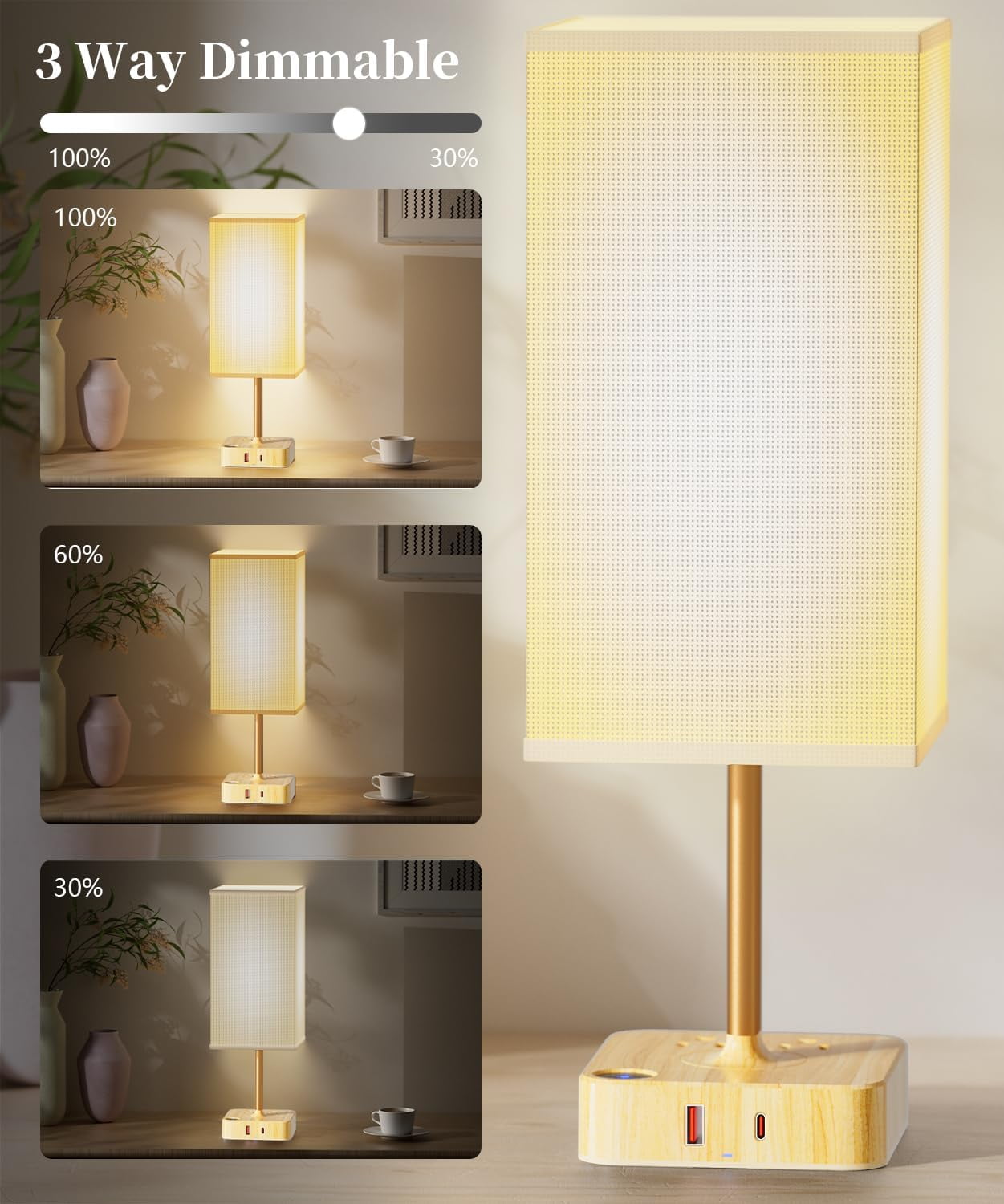 USB Bedside Table Desk Lamp with 2 USB Charging Ports and 2 AC Outlets ...