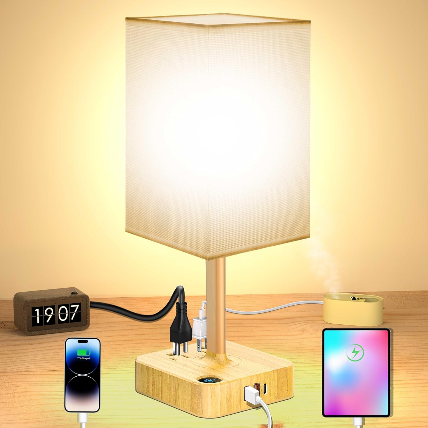 USB Bedside Table Desk Lamp with 3 USB Charging Ports and 2 AC Outlets ...