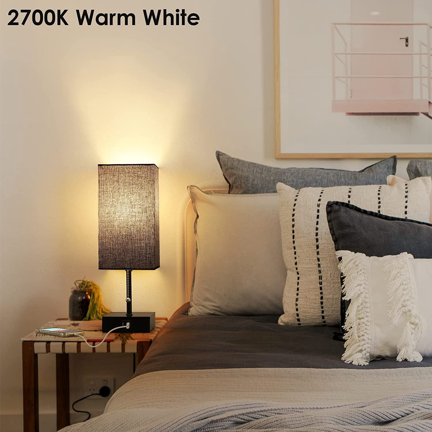 USB Bedside Table Lamp, Pull Chain Nightstand Table Lamp with 2700K LED ...