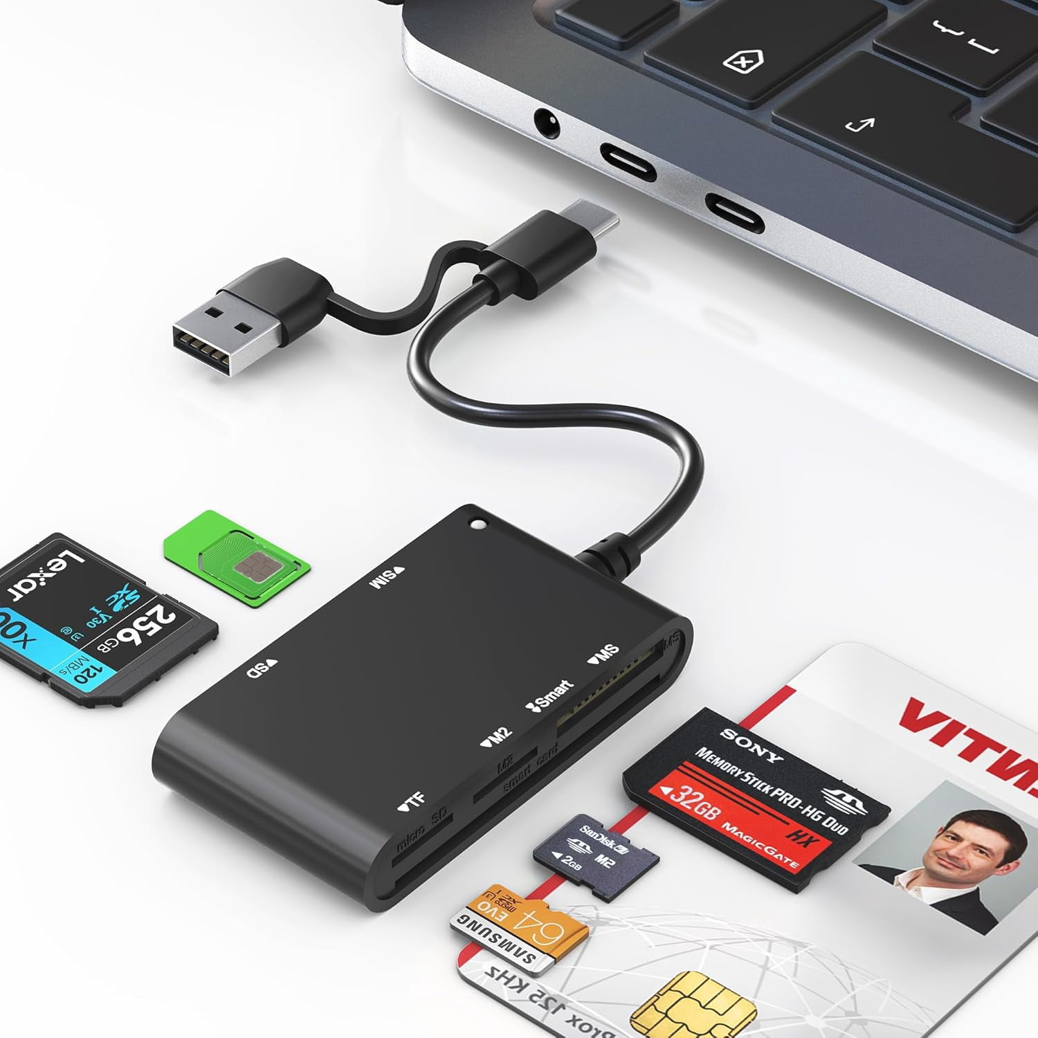 USB C/A Smart Card Reader and Memory Card Adapter 7 in 2 CAC Reader- Military CAC, SIM, SD/TF/MS ...