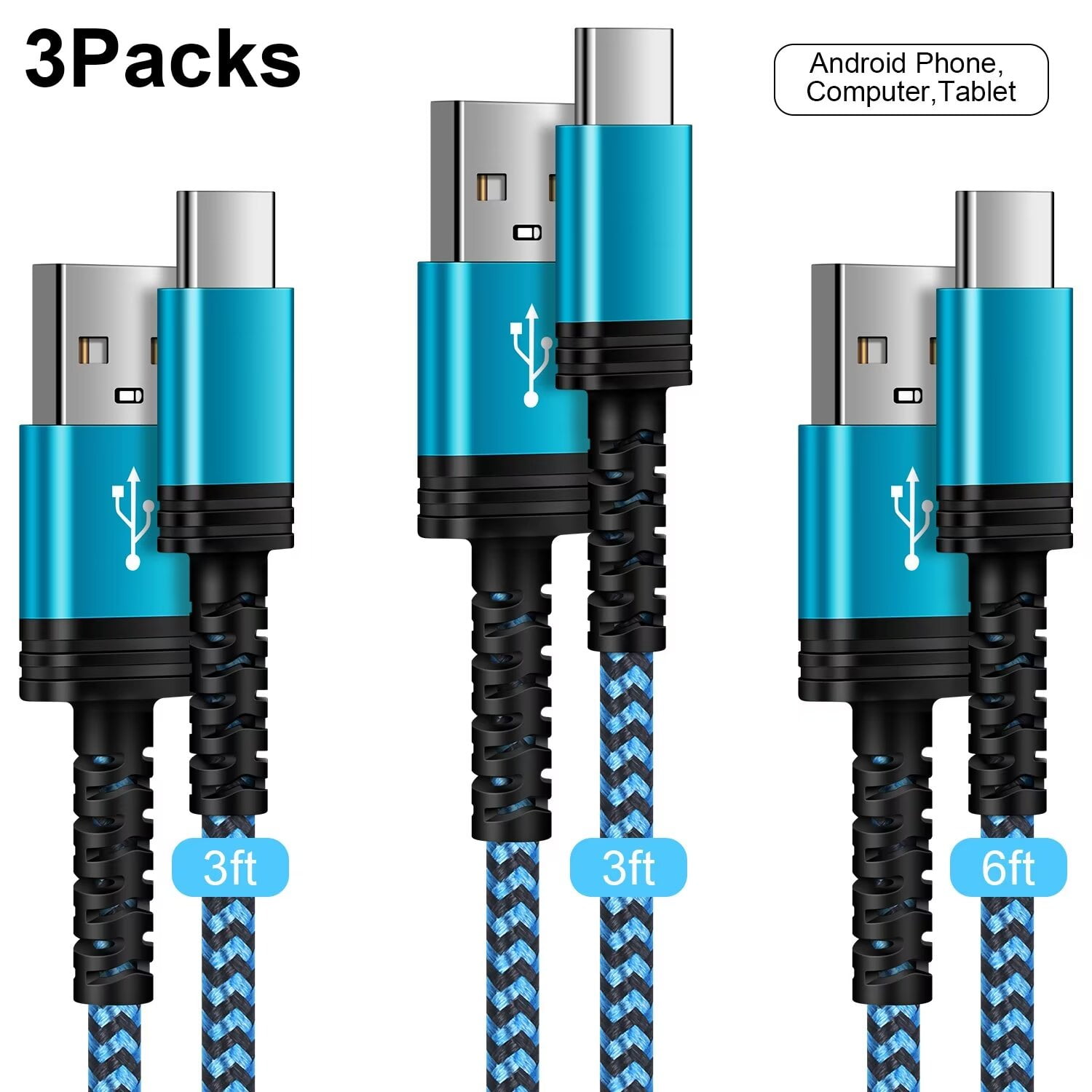 USB C Cable,3A Fast Charging Cable,3Pack 3ft/3ft/6ft FT Type C Charger ...