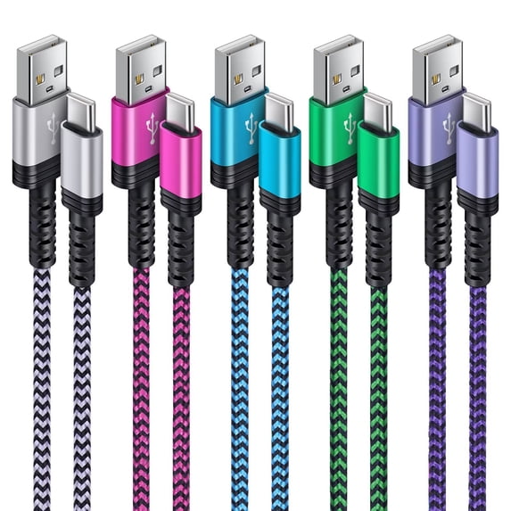 FiveBox 5pack 6ft USB A to C Cables, 3A Fast Charge, Nylon Braided ...