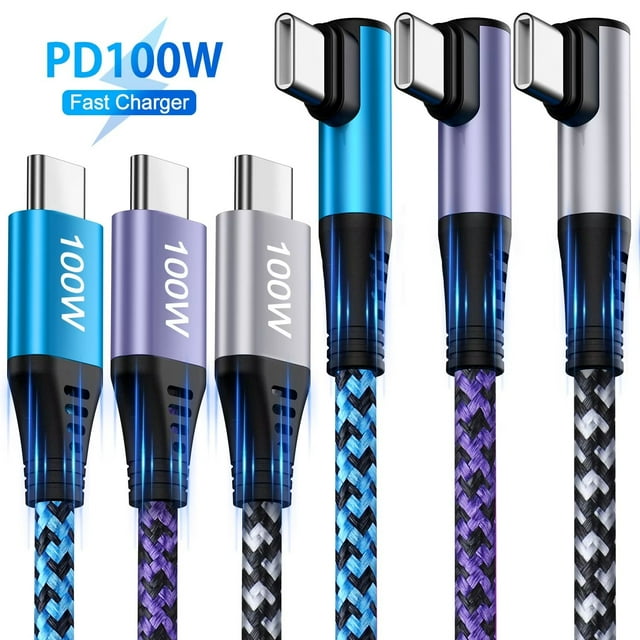 FiveBox 3Pack 6ft 100W PD USB C-C Cable, 90 Degree, Nylon, Samsung ...