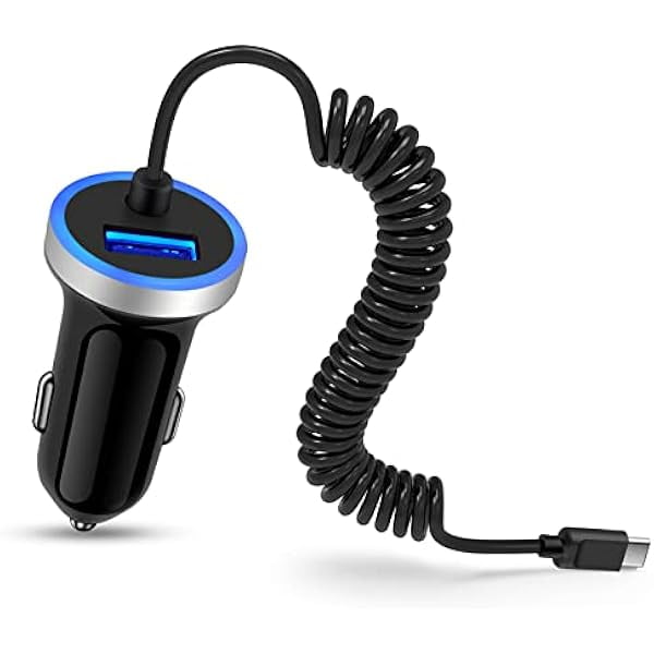 USB C Car Charger, 3.4A Fast Charging Car Charger Adapter with 3ft Type C Coiled Cable for ...