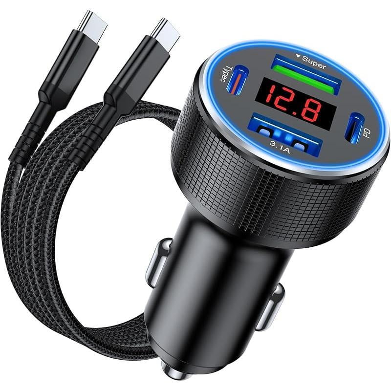 USB C Car Charger, 4 Port Metal USB Cigarette Lighter Adapter with ...