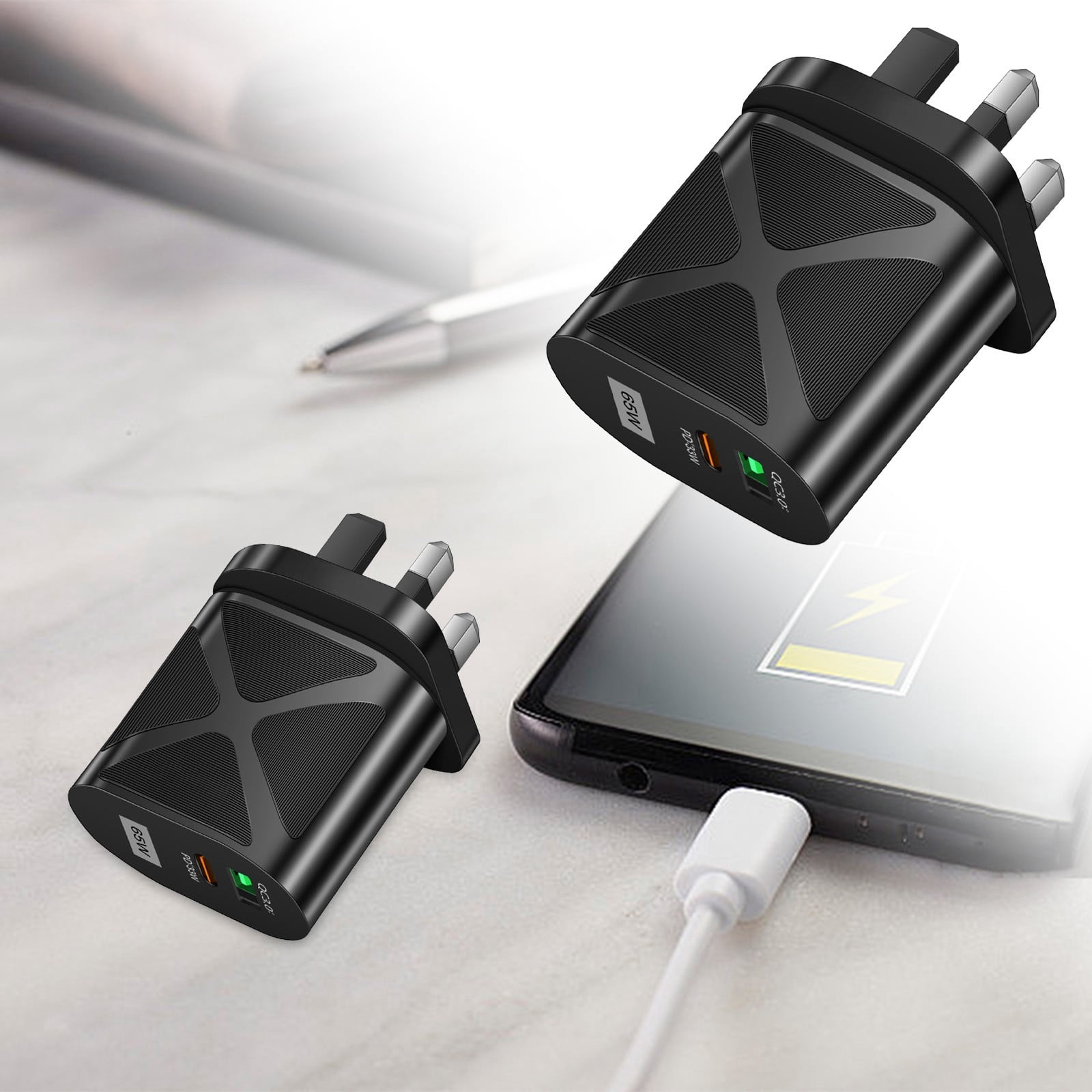 USB C Charger 65W Gan Fast Charger PD +QC 3.0/ With 2 Port Mini Type C ...