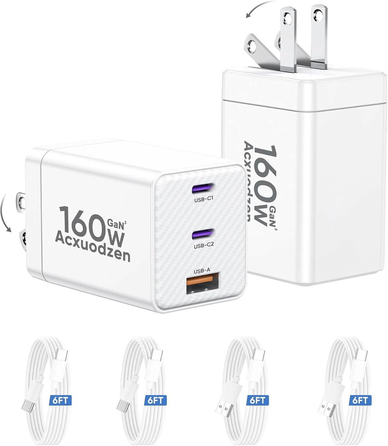 USB C Charger Block 2 Pack, 3 Port Gan Fast Charger with 4 Pack 6FT ...