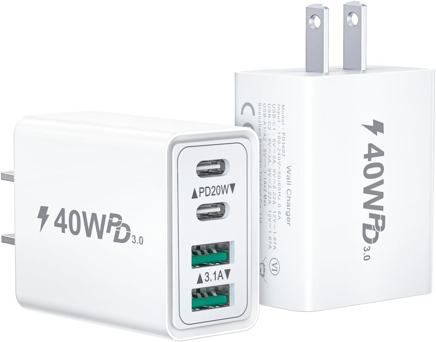 USB C Charger Block 40W, 2Pack 4-Port Type C Charger Fast Charging ...