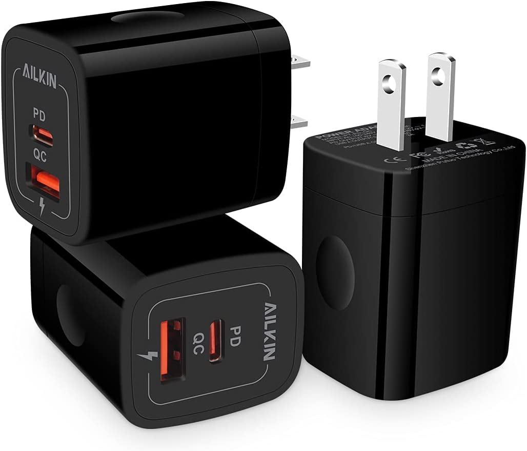 AILKIN USB-C & USB-A Dual Port Charger Block, 20W Power Delivery + QC3 ...